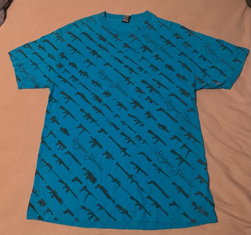 RARE Rogue Status Shirt Mens Large Blue Gun Show AOP Reflective Skate ...
