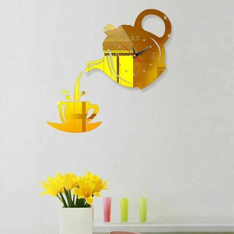 3D Acrylic Kettle Coffee Cup Teapot Shaped Wall Clocks Creative Home ...