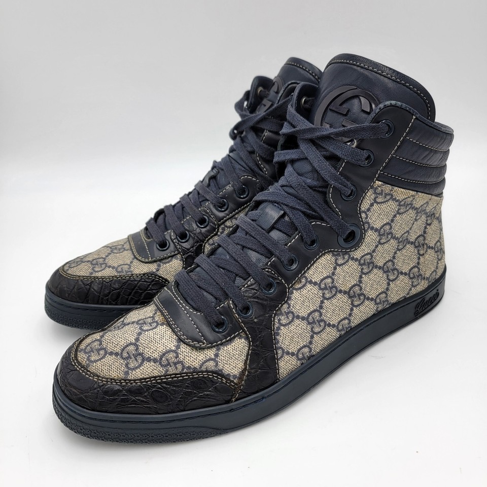 Gucci Men's GG Monogram Canvas Black Navy High Top Sneakers Gucci 7 US ...