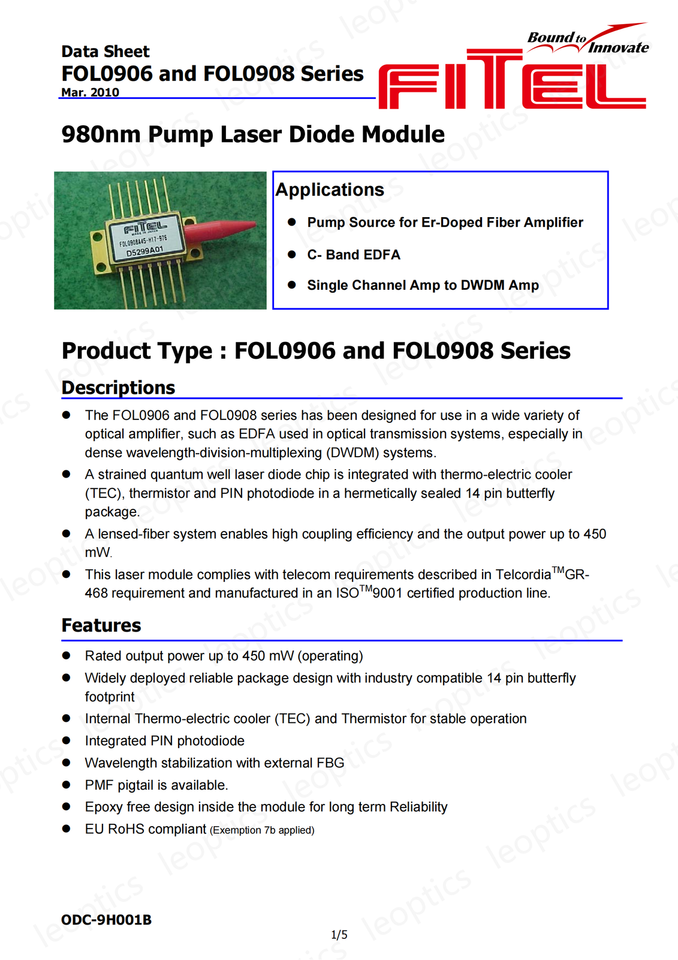 FITEL 980nm 1425nm 1480nm Pump Laser 220-450mW FOL0908 FOL1404 FOL1405 ...