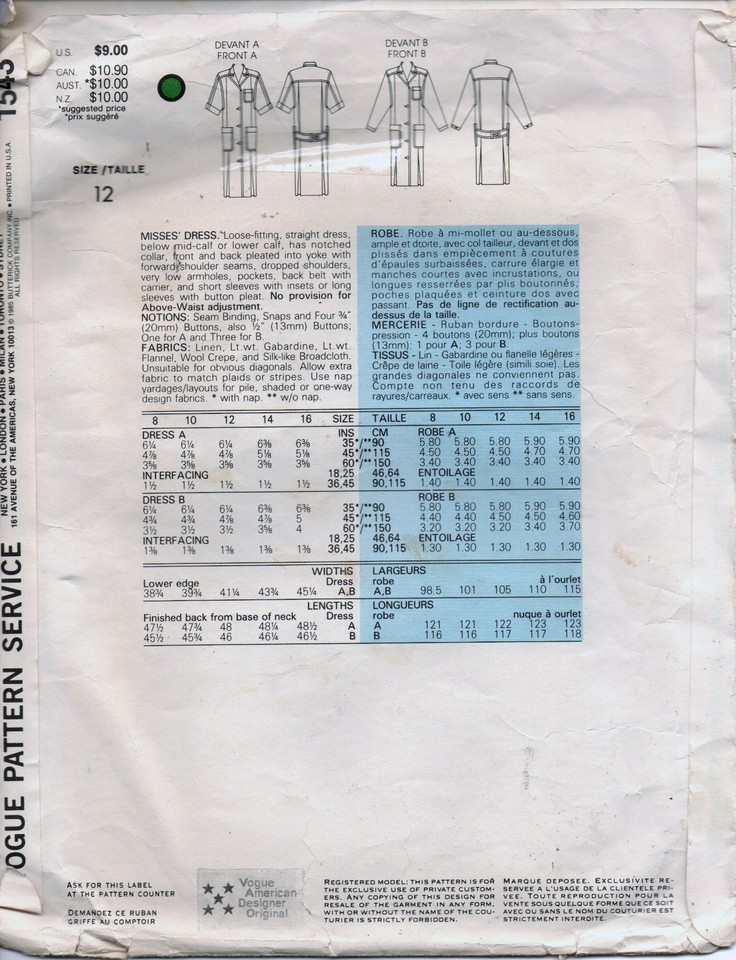 Vogue Sewing Pattern 1543 Loose Dress Buttons Blassport Size 12 CUT | eBay
