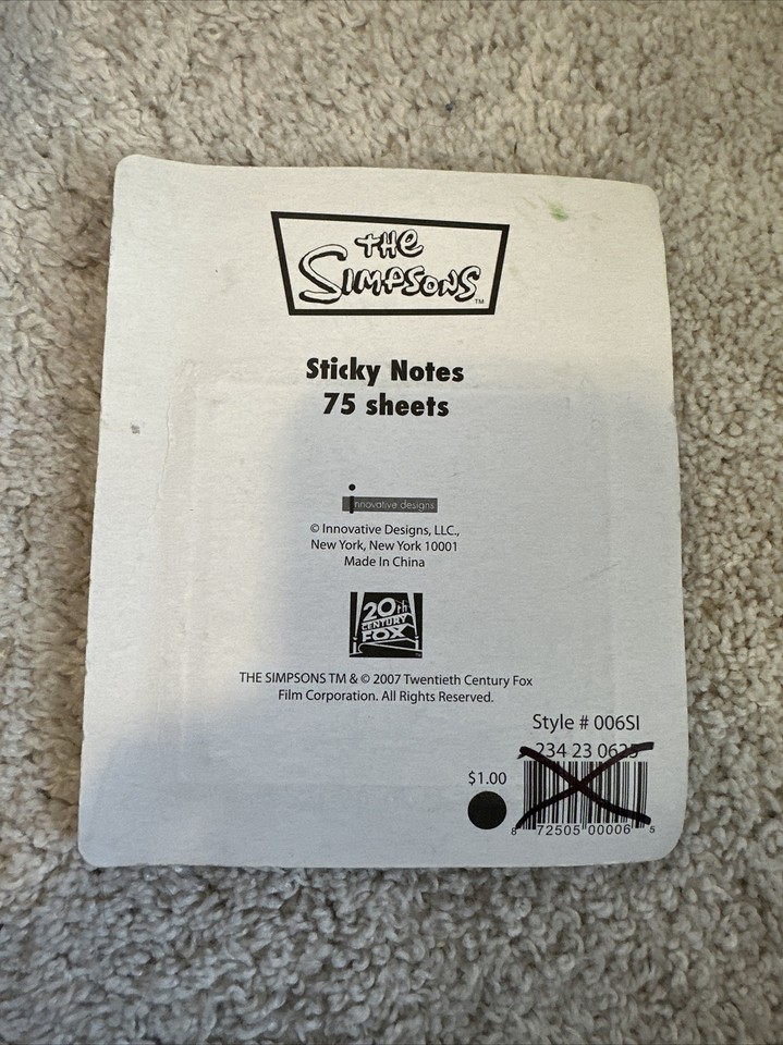 2007 Homer Simpsons Sticky Note Pad "Springfield Rocks" 75 Sheets 3"x2 ...
