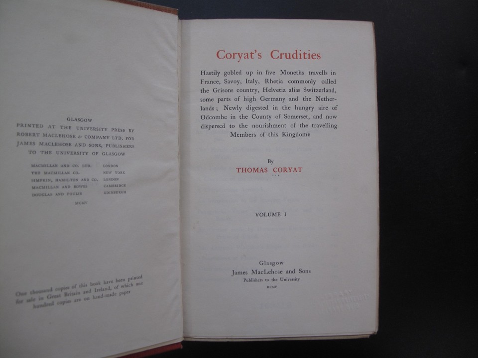 Europe Travel Thomas Coryat Coryat's Crudities France Germany Illus. 2V ...