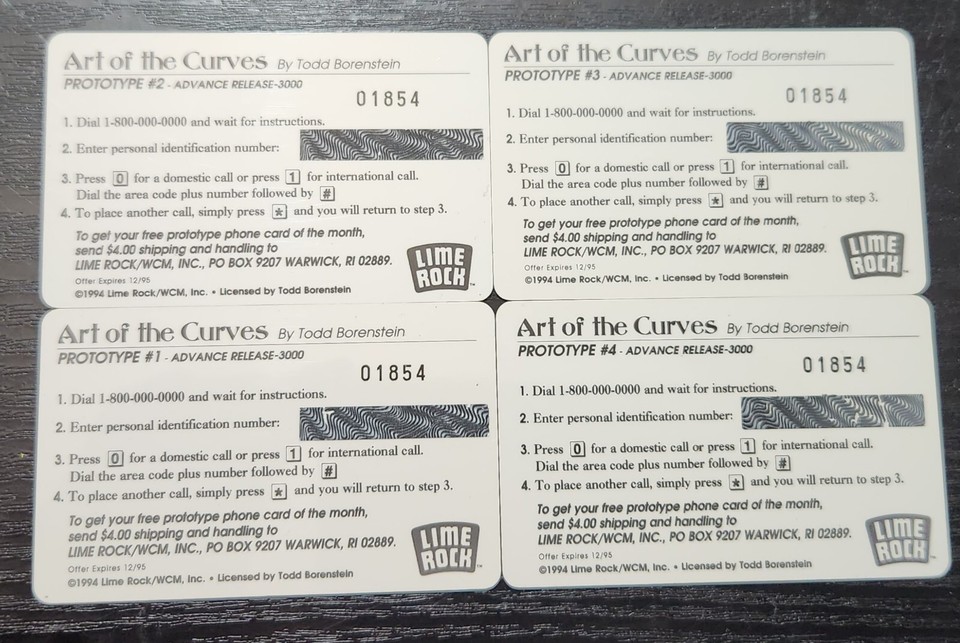 Todd Borenstein Art of Curves Phone Card Prototype Lot (4) 1994 Lime ...