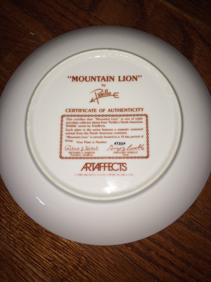 Mountain Lion collector plate Perillo 1989 Artaffects Decorative N I C ...