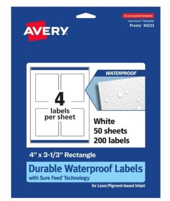 Avery 4" x 3-1/3" Waterproof Rectangle Labels, 200 Labels NEW in ...