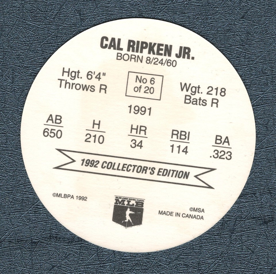 Cal Ripken Jr 1992 Bens Bread Baseball Super Hitters Disc #6 - Lot x25 ...
