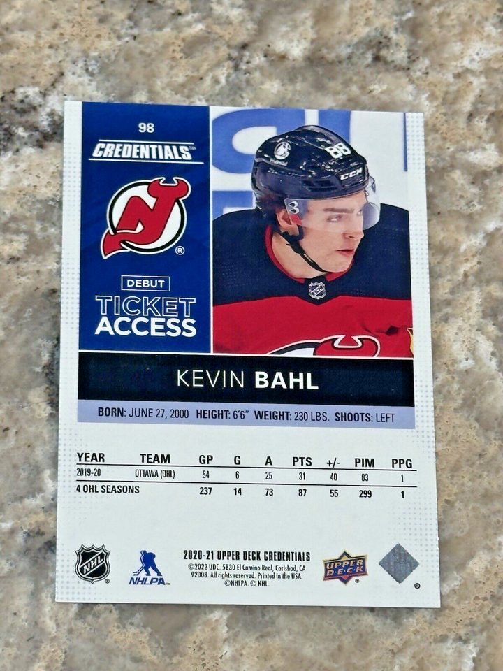 2020-21 UD Credentials Debut Ticket Access Blue Kevin Bahl #98 NJ ...