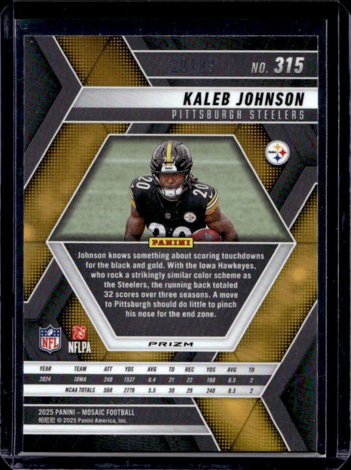 2025 Mosaic Kaleb Johnson Rookies RC Choice Fusion Red & Yellow Prizm ...