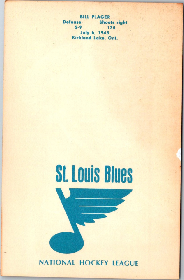 Bill Plager, Defense, ST LOUIS BLUES HOCKEY NHL MISSOURI POSTCARD MO ...