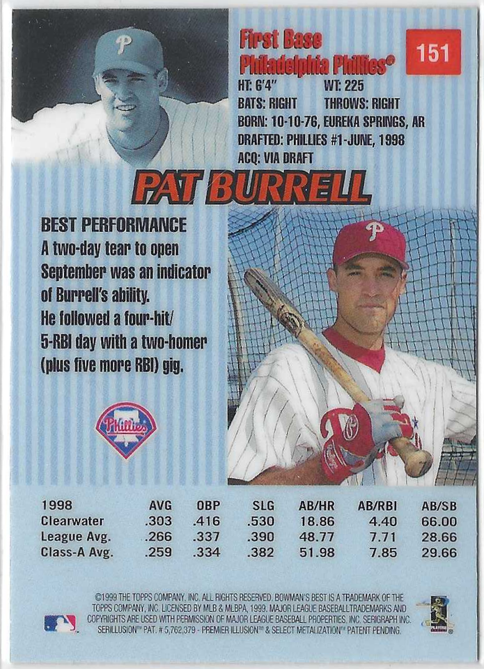 1999 Bowman's Best Pat Burrell Rookie Rc #151 NM Baseball Card Phillies ...