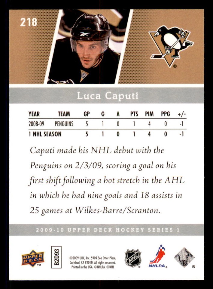 2009-10 Upper Deck #218 Luca Caputi Pittsburgh Penguins RC | eBay