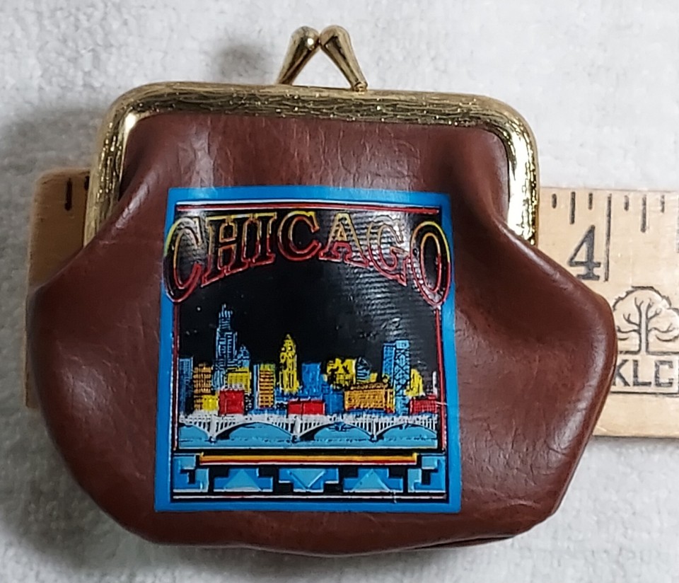 VTG Chicago Skyline Coin Change Purse Brown Leather Midcentury Souvenir ...