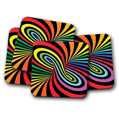 4 Set - Psychedelic Optical Illusion Coaster - Rainbow Spiral Swirl ...
