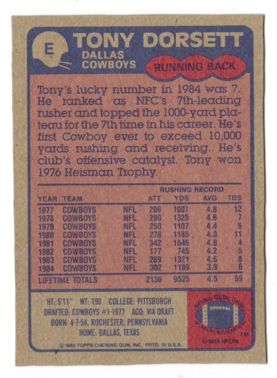 1985 Topps Box Bottom #E TONY DORSETT Hand Cut-Free USA Shipping | eBay