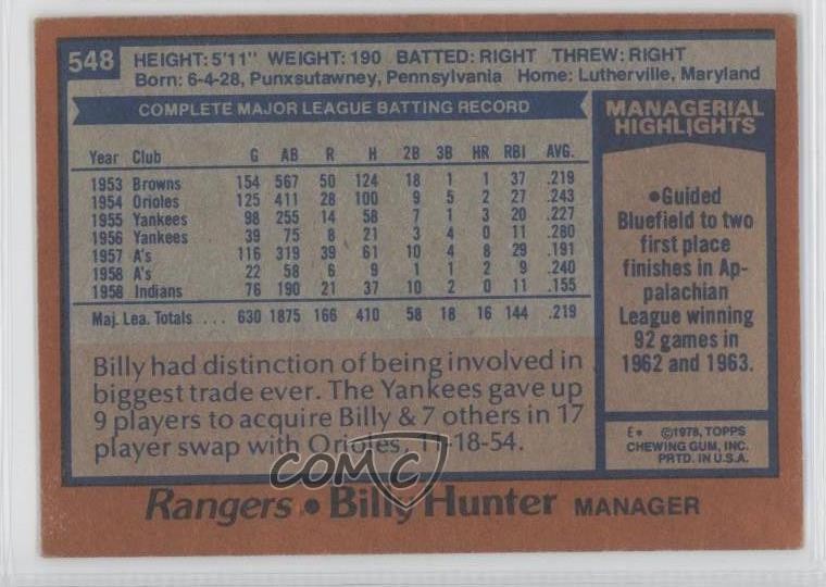 1978 Topps Billy Hunter #548 | eBay