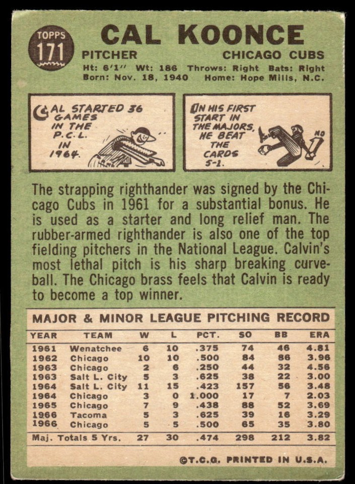 1967 Topps Cal Koonce #171 Chicago Cubs Baseball Card | eBay