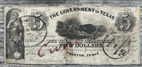 1838 $5 THE GOVERNMENT OF TEXAS HOUSTON TX OBSOLETE CURRENCY NOTE FREE ...