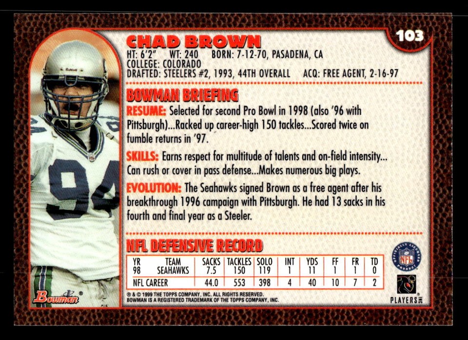 Chad Brown Seattle Seahawks 1999 Bowman #103 | eBay