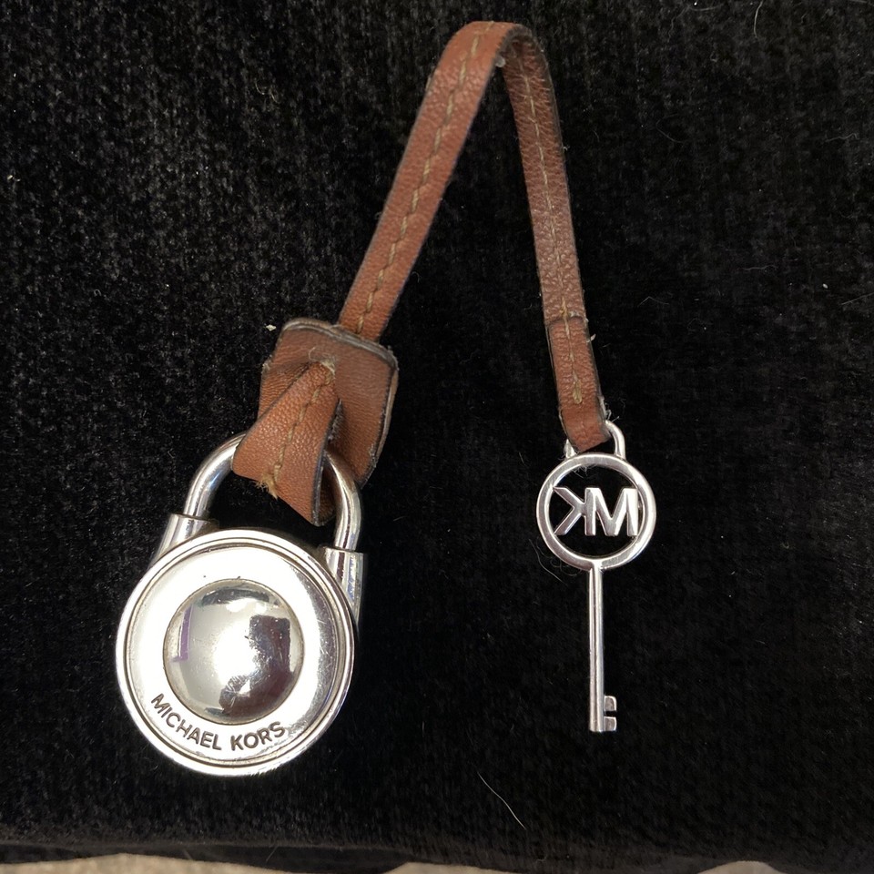 Michael Kors Silver Padlock and Key Lock and LEATHER STRAP Keychain Bag ...