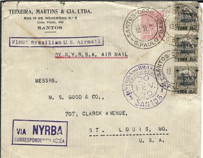 Santos, Brazil to St Louis, Mo 1930 1st US Flt, via NYRBA (47433) | eBay