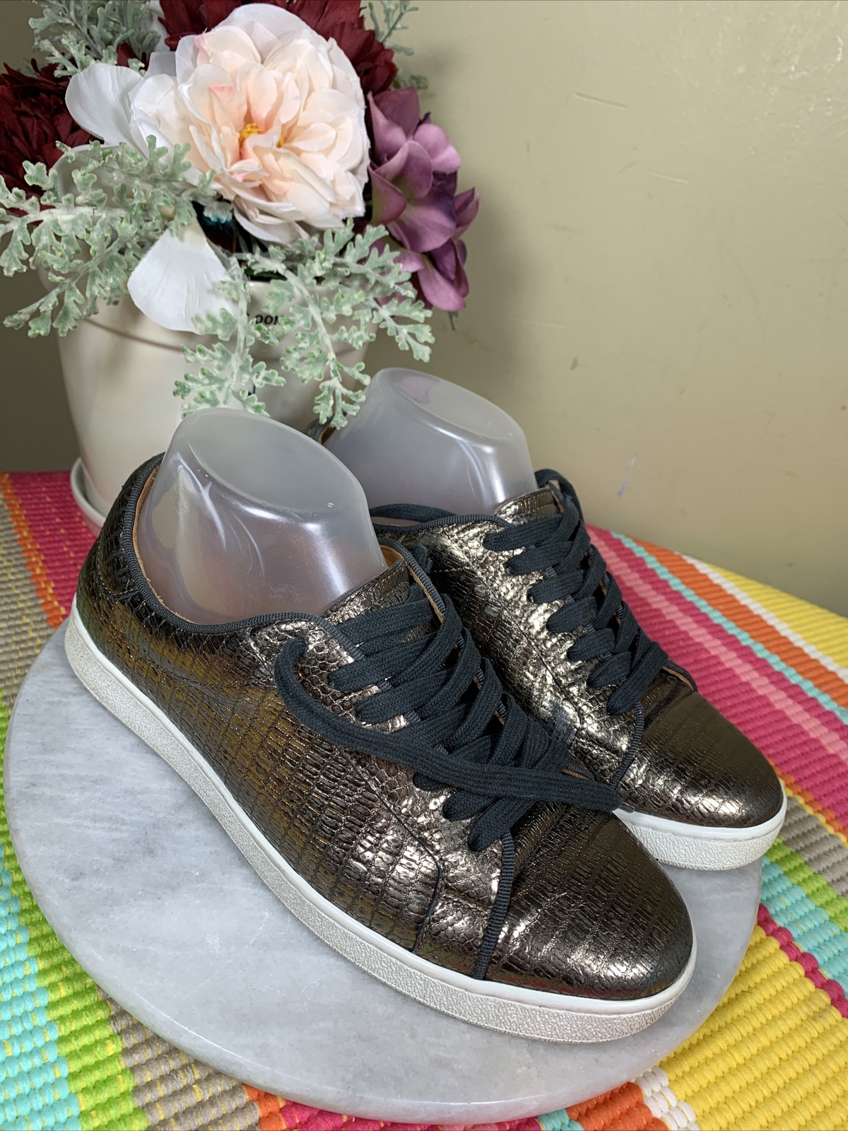 Frye Ivy Leather Low Lace Gold Metallic Sneaker Tenni… - Gem