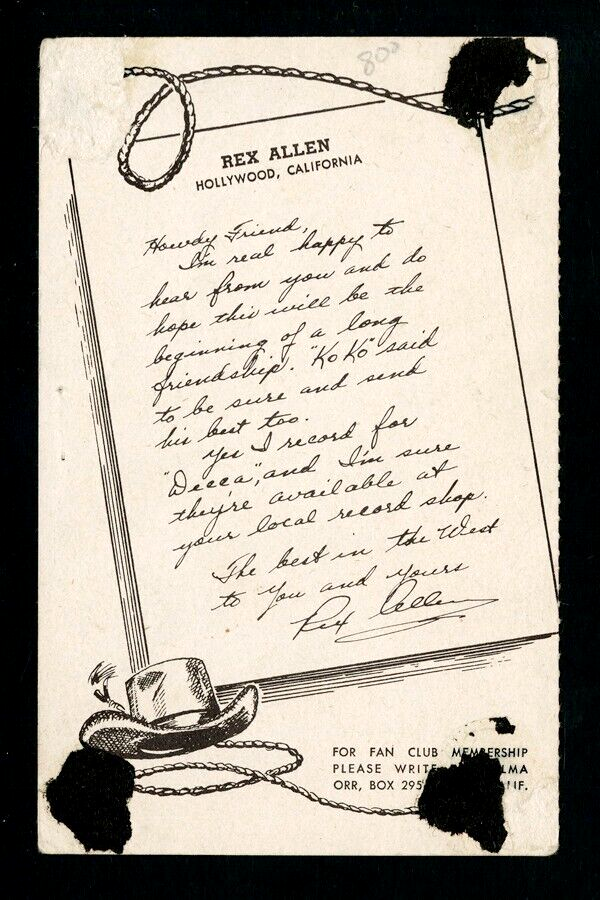 1956 REX ALLEN MAIL ORDER FAN CLUB INVITATION POSTCARD EXHIBIT SIZE ...