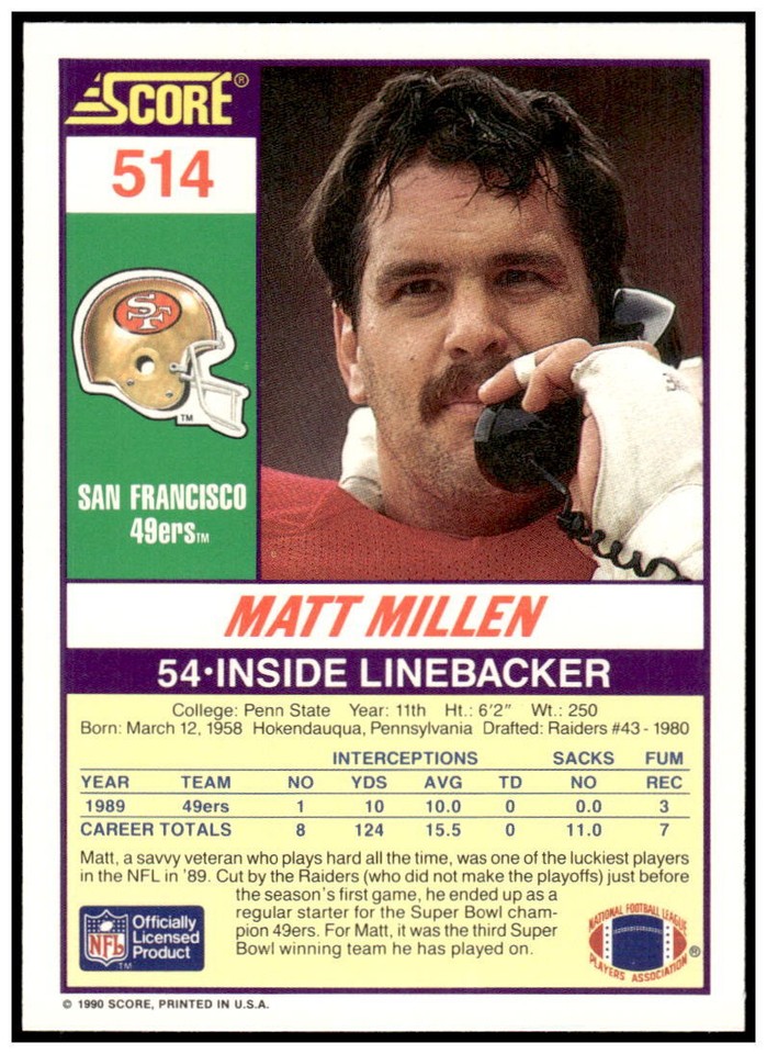 1990 Score #514 Matt Millen NM | eBay