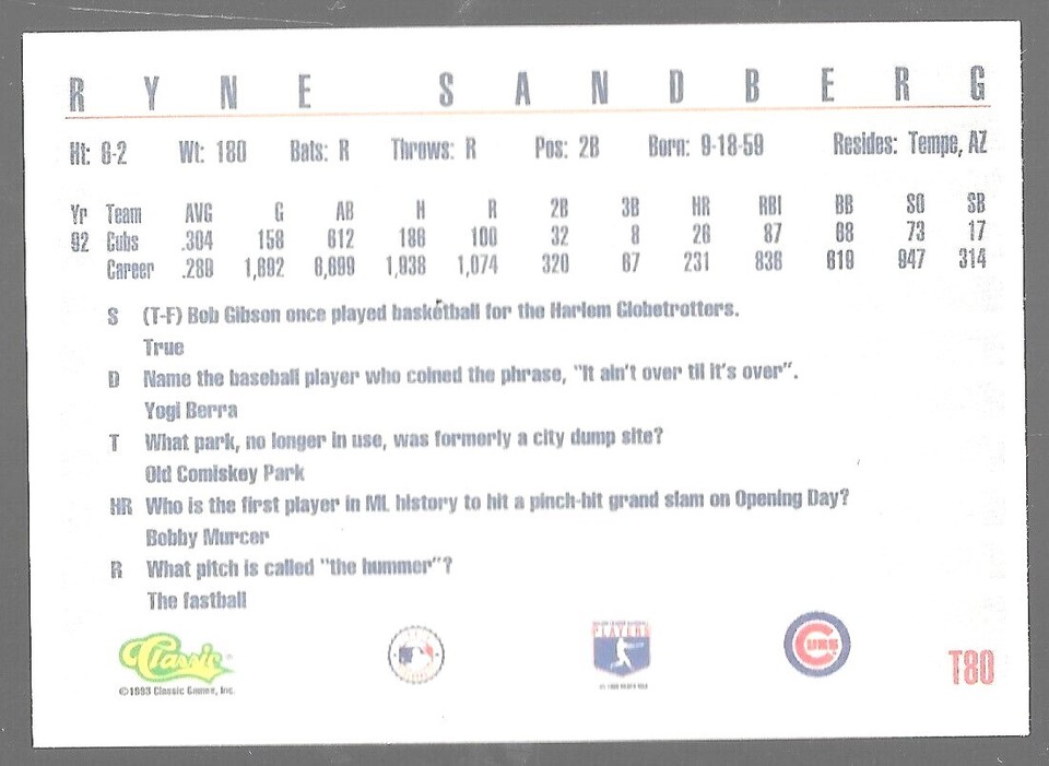 1993 Series Classic Ryne Sandberg T80 Trivia Game Chicago Cubs | eBay