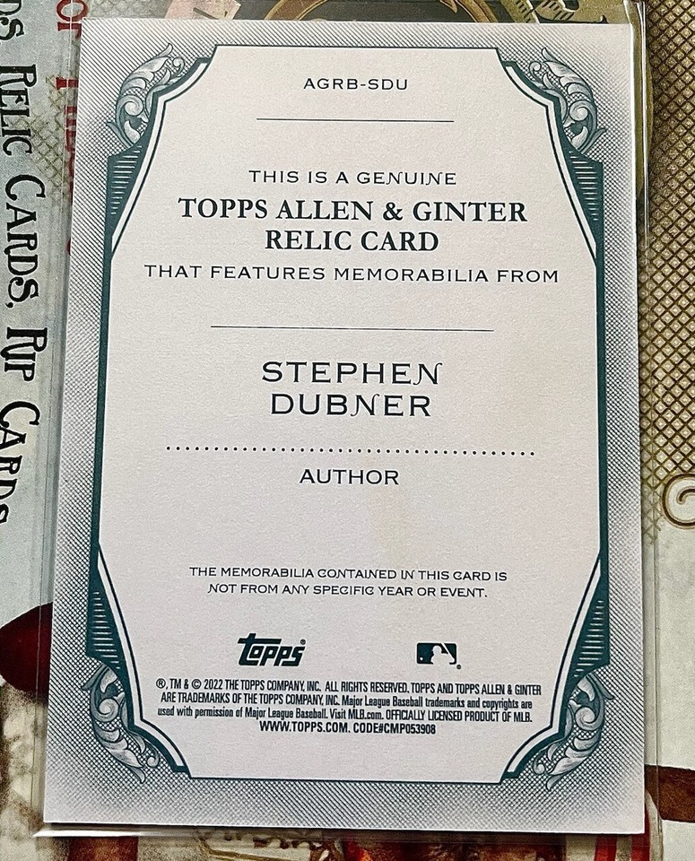 Stephen Dubner 2022 TOPPS ALLEN & GINTER FULL SIZE RELIC CARD #AGRB-SDU ...