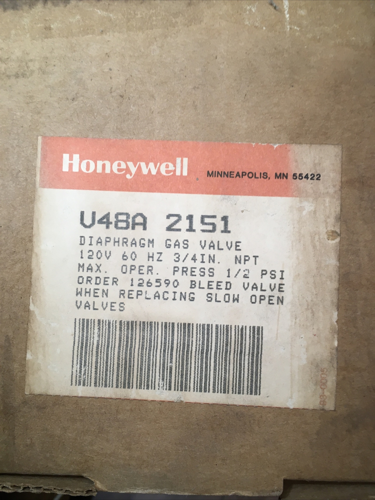 Honeywell NOS V48A 2151 Diaphragm Gas Valve 120V 60 HZ 3/4" NPT V48A2151 | eBay