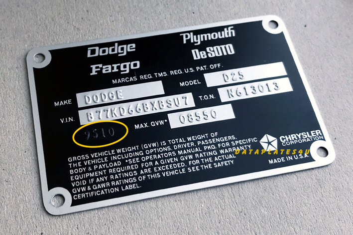 DODGE 1974-1981 DATA TAG A100 D100 D200 W100 W200 W300 POWER WAGON ...