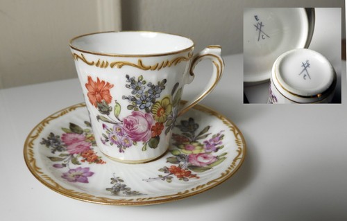 Meissen Type Floral Demitasse/Espresso Cup & Saucer, Crossed Swords ...