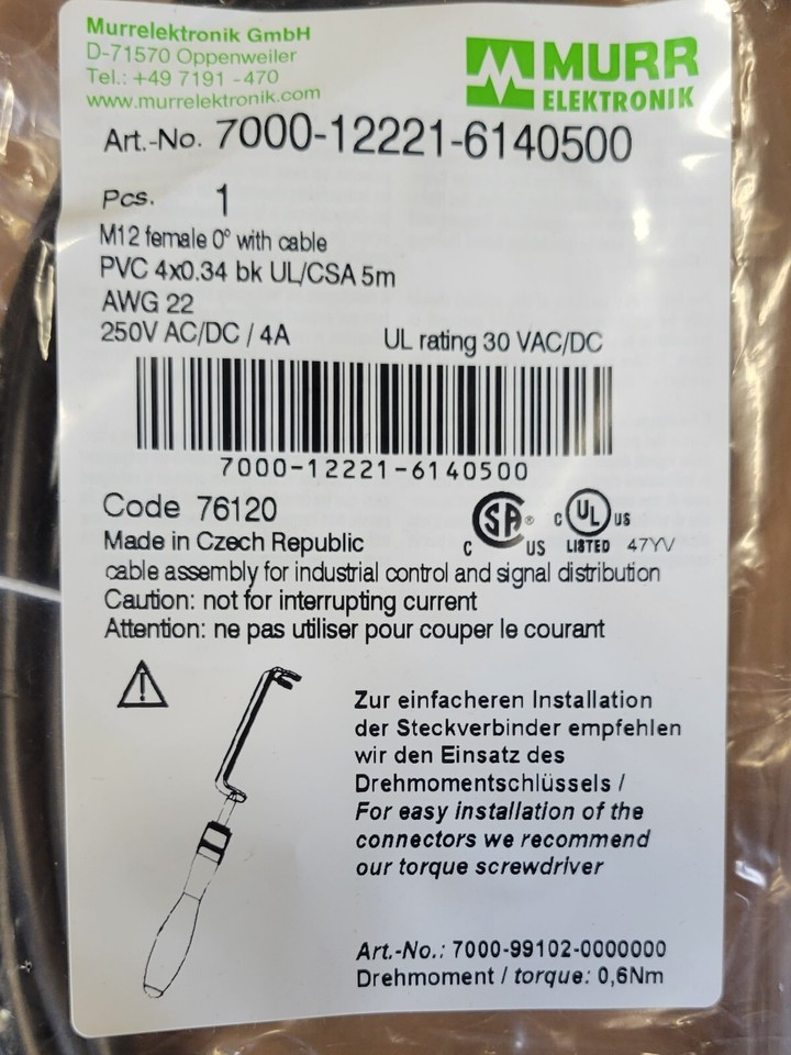 NEW 7000-12221-6140500 Murr elektronik M12 Female 0° With Cable | eBay