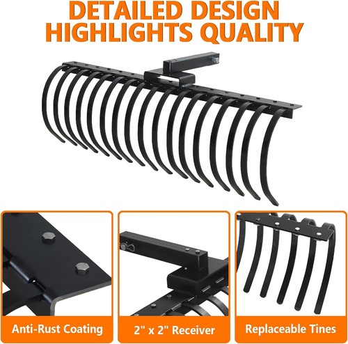 Landscape Rake 49" Pine Straw Rake for 2" Receiver Tractor Loader ATV ...