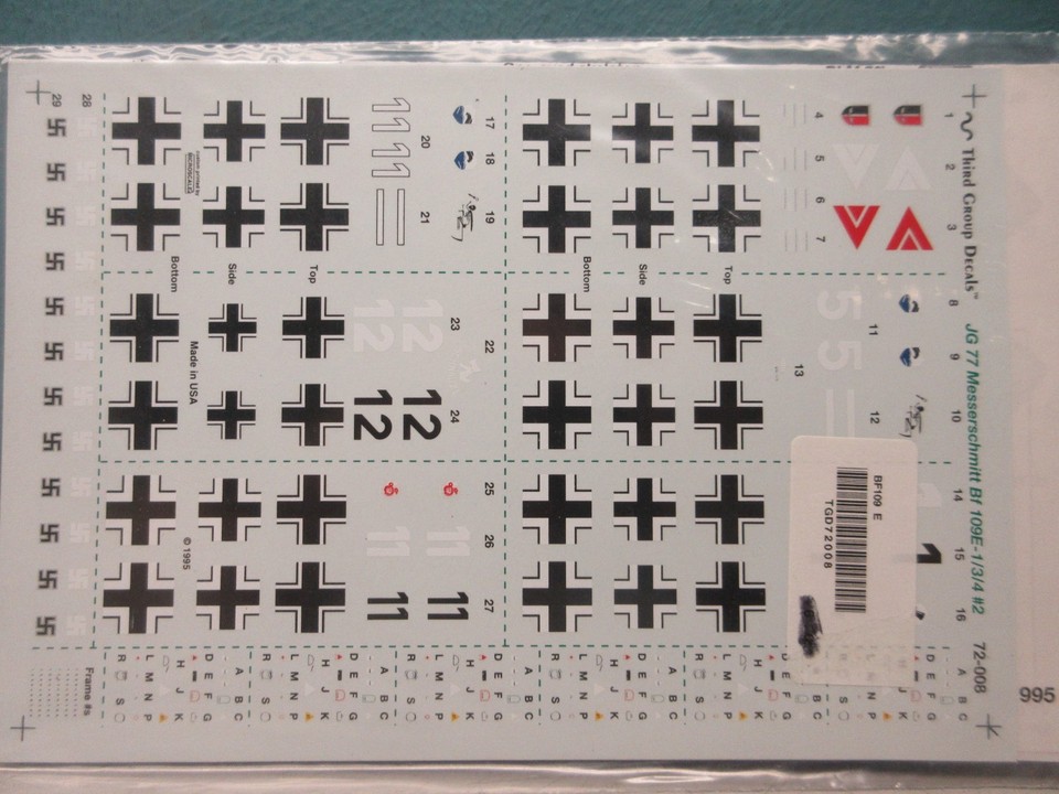 THIRD GROUP DECALS 1/72 MESSERSCHMITT Bf109E-1/3/4 JG77,I(J)LG2 1940-41 ...
