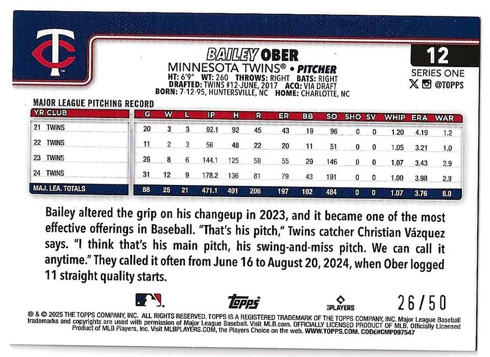 2025 Topps BAILEY OBER Insert SPRING TRAINING FOIL GOLD Parallel Card ...