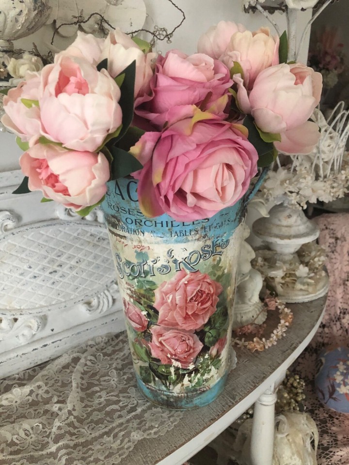 Tall galvanized metal flower decoupage bucket /Shabby Chic Cottage | eBay