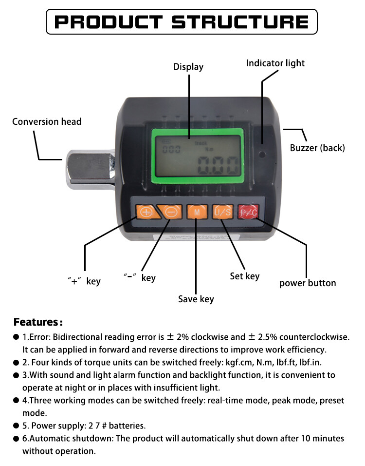 1/2" 3/8'' 1/4'' Digital Torque Adapter Torque Wrench Measurement ...