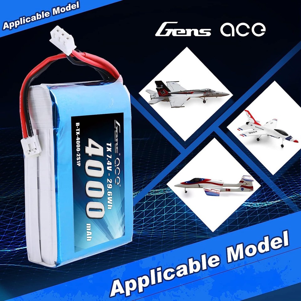 Gens ace 4000mAh 7.4V TX 2S LiPo Battery JST-EHR For Spektrum DX7S ...