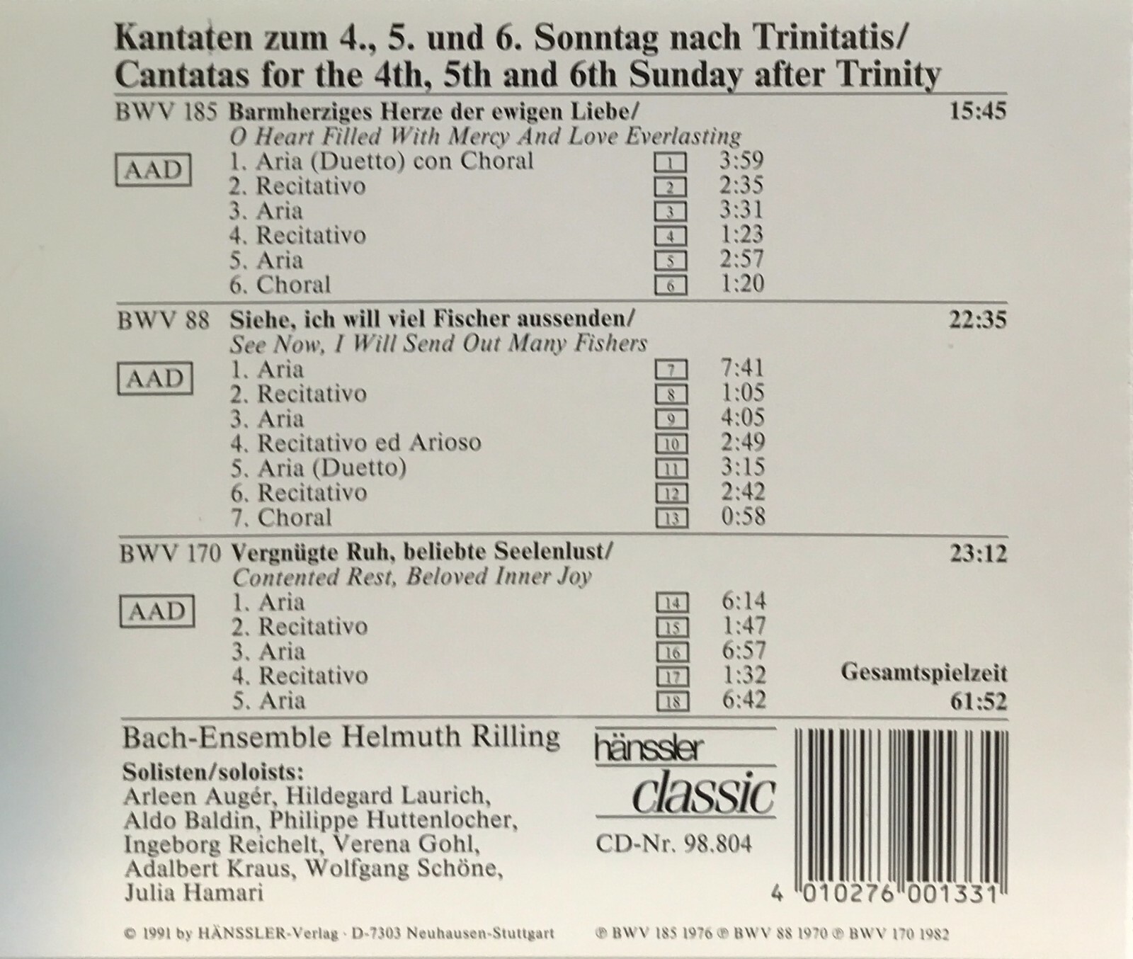 Helmuth Rilling: The Bach Cantata, Vol. 42 BWV 185, 88, 170 (CD ...