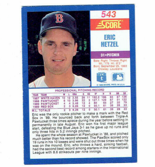 Eric Hetzel Boston Red Sox #31 Pitcher #543 Score 1990 Baseball Card | eBay