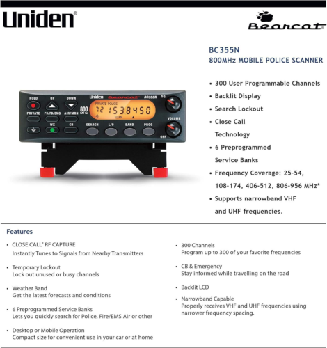 Uniden BC355N 300-Channel Base/Mobile Scanner, Close Call Capture ...