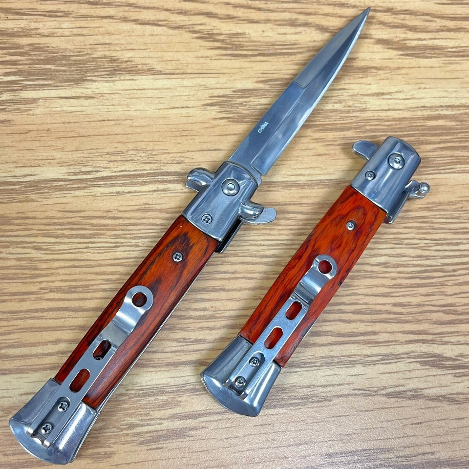 9" Tactical Wood Red Spring Assisted Open Blade Folding Pocket Stiletto ...