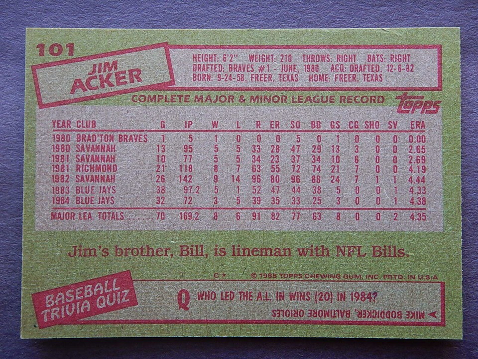 Jim Acker #101 Topps 1985 Baseball Card (Toronto Blue Jays) VG | eBay
