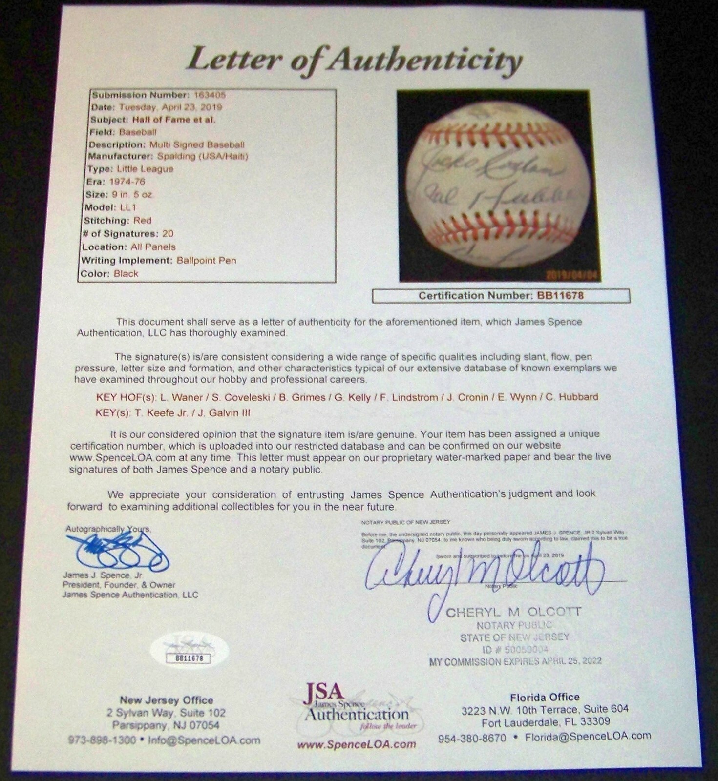 Lloyd Waner Freddie Lindstrom Stan Coveleski Cal Hubbard Signed ...