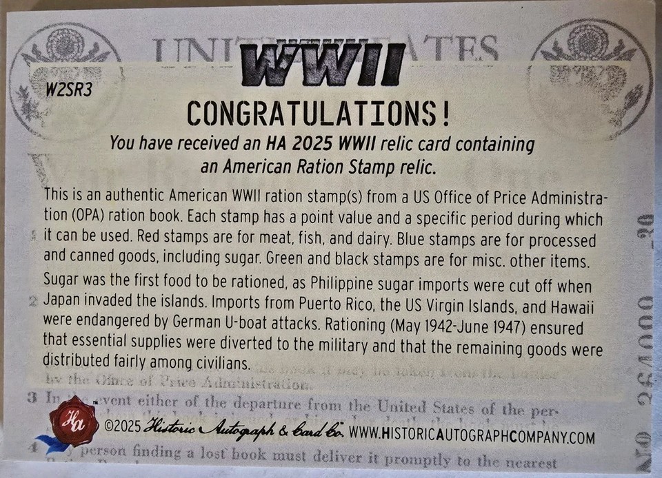 2025 Historic Autographs World War II Ration Stamp Insert Card RARE ...