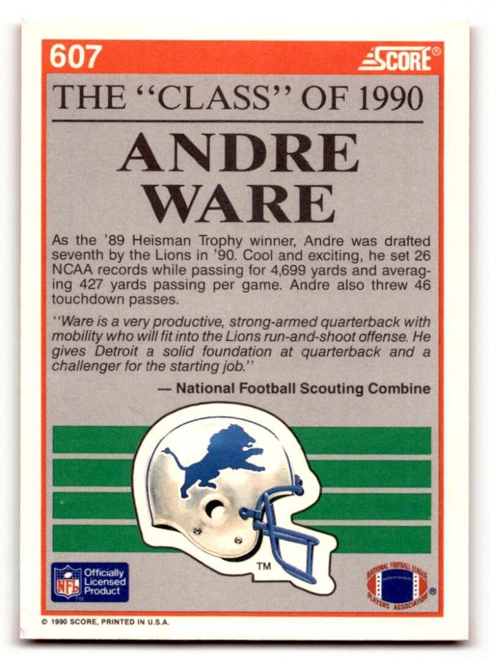 1990 Score #607 Andre Ware Detroit Lions Football Cards EX/NM ID:57456 ...