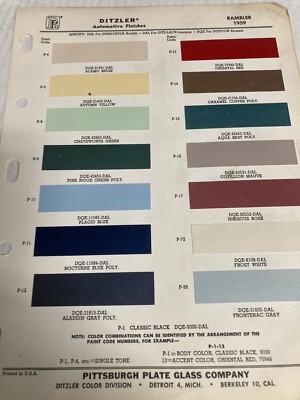 1959 RAMBLER AUTOMOTIVE P.P.G., DITZLER Exterior Paint Color Chip ...