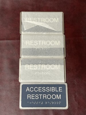 Lot of 4 ADA Restroom Sticking Wall Sign w/ Grade 2 Braille 8x4 Blue On ...